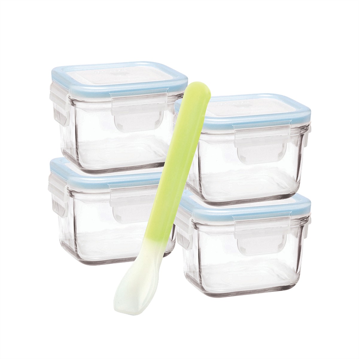 Home & Tech - 5 Piece Square Baby Container Set with Silicone Spoon